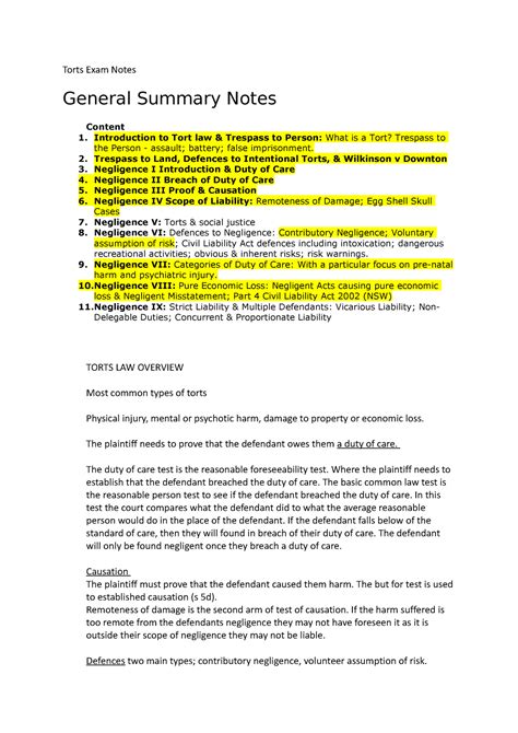 Torts Exam Notes Torts Exam Notes General Summary Notes Content Introduction To Tort Law