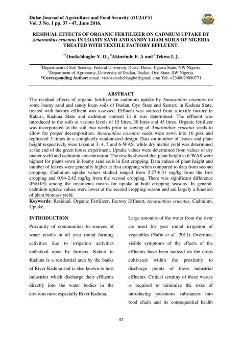 Pdf Residual Effects Of Organic Fertilizer On Cadmium Uptake By Amaranthus Cruentus In Loamy