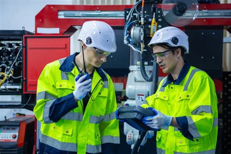 Technician Engineer Using Remote Control Automation Robotics At Industrial Modern Lab Factory