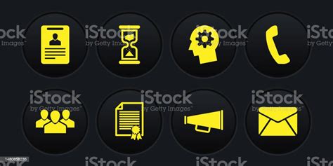 사용자 그룹 전화 핸드셋 인증서 템플릿 확성기 내부에 기어가 있는 사람의 머리 및 오래된 모래시계 아이콘을 설정합니다 벡터 개념에 대한 스톡 벡터 아트 및 기타 이미지