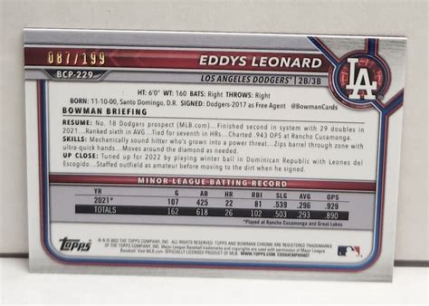 Eddys Leonard 2022 Bowman Chrome Prospects Fuchsia ~ D 199 ~ Dodgers