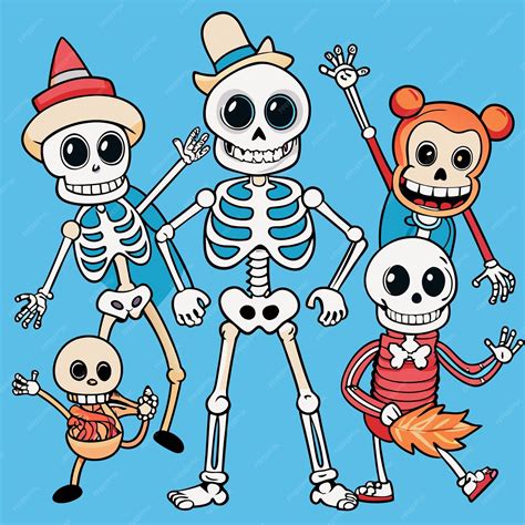 Four Cartoon Skeletons Wearing Various Costumes Waving And Smiling On A