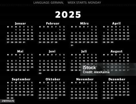 2025 년 독일 달력 칼렌더 독일 검은 배경에 대 한 벡터 일러스트 레이 션 2025년에 대한 스톡 벡터 아트 및 기타 이미지
