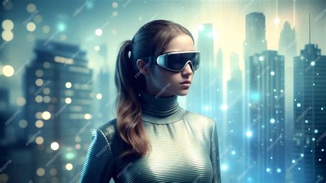 Woman wear vr glasses in the future modern cityscape binary code effect images with ai generated ...