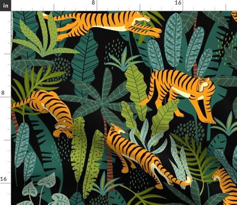 Tiger Dancing In The Jungle On Black Fabric Spoonflower Tiger And