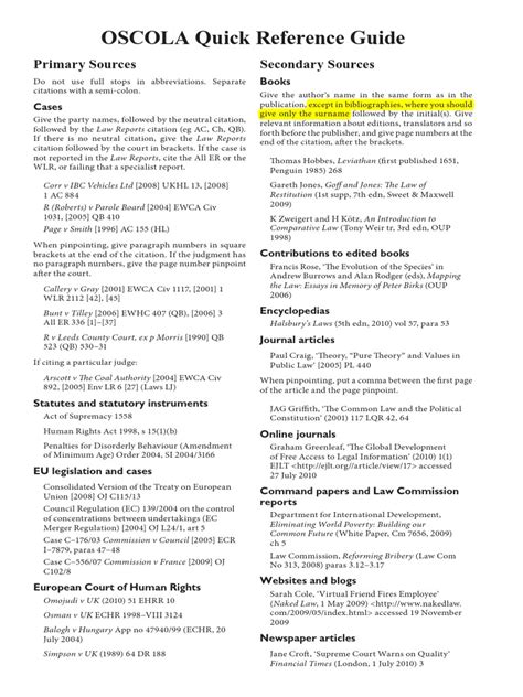 Oscola Quick Reference Guide 001 Pdf Case Citation Government