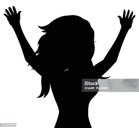 Black Silhouette Of Tousled Woman With Raised Hands Vector Illustration