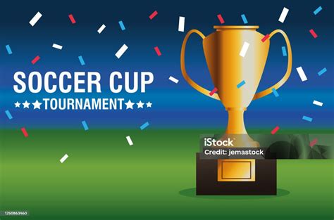 캠프에서 트로피가 있는 축구컵 토너먼트 포스터 Championship에 대한 스톡 벡터 아트 및 기타 이미지