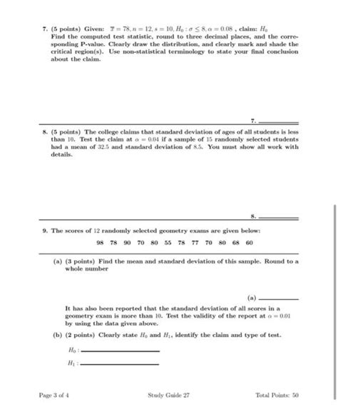 Solved 7 5 Points Given Xˉ 78 N 12 S 10 H0 σ≤8 α 0 08