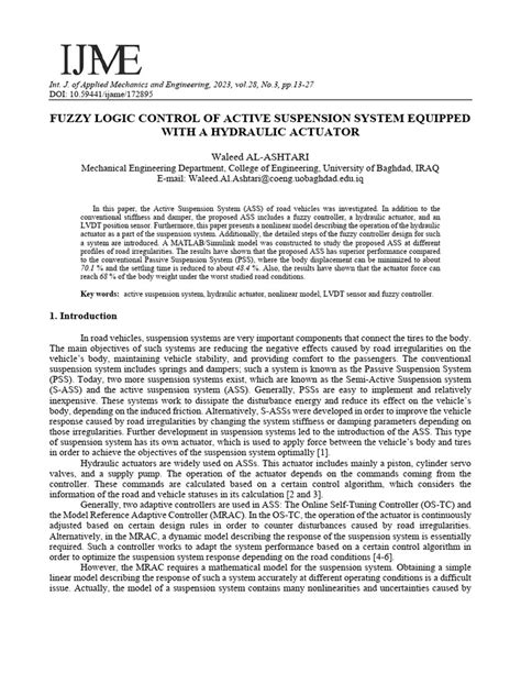 Fuzzy Logic Control Of Active Suspension System Eq Pdf Control Theory Fuzzy Logic
