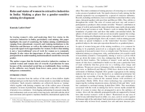 Pdf Roles And Status Of Women In Extractive Industries In India