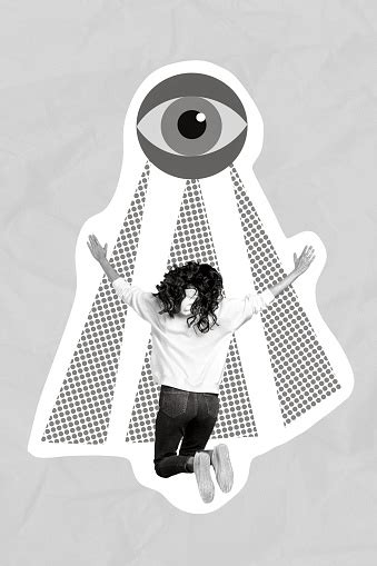 크리 에이 티브 사진 3d 콜라주 아트 워크 포스터 엽서 그림 배경 절연 큰 눈 아래 점프 미친 행복 아가씨의 그림 검사 보기에 대한 스톡 사진 및 기타 이미지 Istock