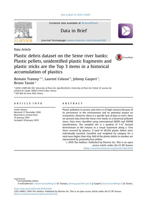 Pdf Plastic Debris Dataset On The Seine River Banks Plastic Pellets Unidentified Plastic