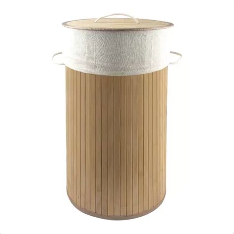 Canasto Redondo Cesto Bambu Con Tapa Asas Tela Plegable Deco