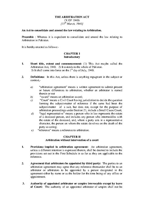 Arbitration Act 1940 Notes The Arbitration Act X Of 1940 11 Th