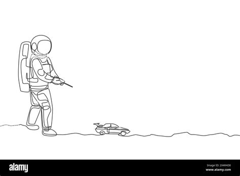 Single Continuous Line Drawing Of Astronaut Playing Sedan Car Radio Control In Moon Surface