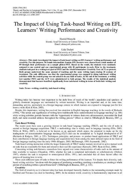 Pdf The Impact Of Using Task Based Writing On Efl Learners Writing Performance And Creativity