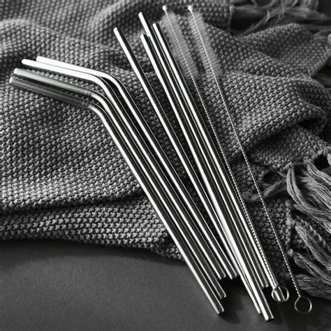 Reusable Stainless Steel Straws Eco Friendly Metal Drinking Straws Long Silver Bent Straight
