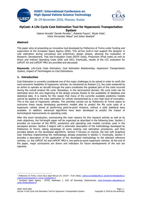 PDF HyCost A Life Cycle Cost Estimation Tool For Hypersonic Transportation System
