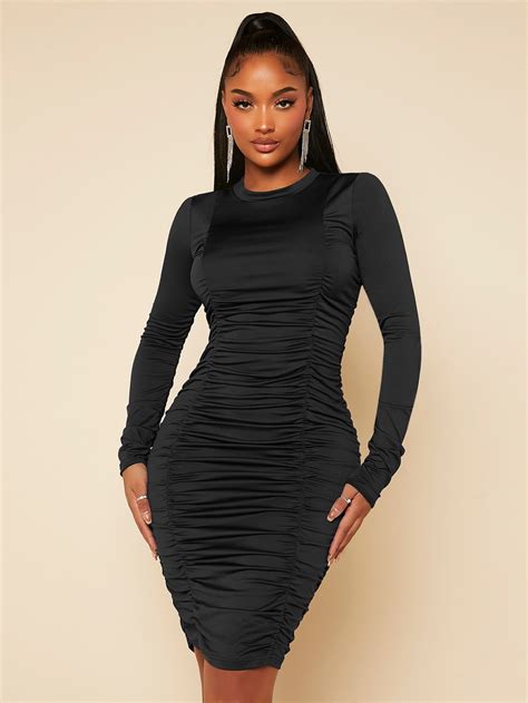 Shein Sxy 1pc Solid Ruched Bodycon Dress