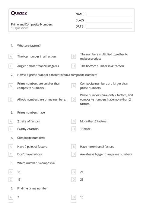 Prime And Composite Numbers Worksheets For Th Class On Quizizz Free Printable