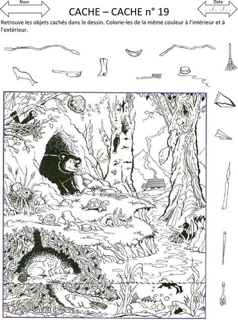 CACHE CACHE n 1 Retrouve les objets cachés dans le dessin Colorie les