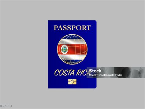 생체 인식 디지털 데이터 칩 사실적인 파란색 커버 아이콘 로고 광고 웹에 대한 황금 글자 벡터 일러스트와 국제 여권 코스타리카 국기 국가 관광명소에 대한 스톡 벡터 아트 및