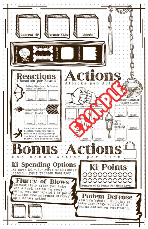 Dnd Character Sheet Monk Actions And Bonus Actions Etsy
