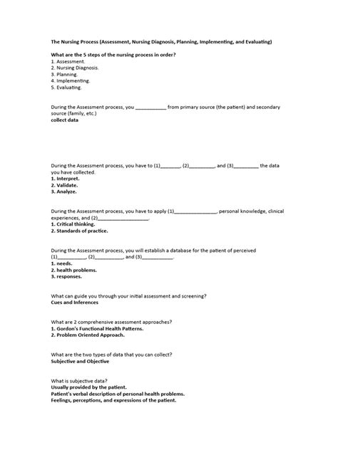 The Nursing Process Assessment Nursing Diagnosis Planning Implementing