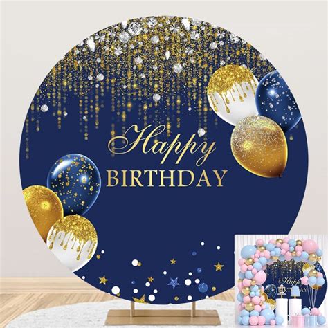Navy Blue Happy Birthday Round Backdrop Cover 65ft Gold