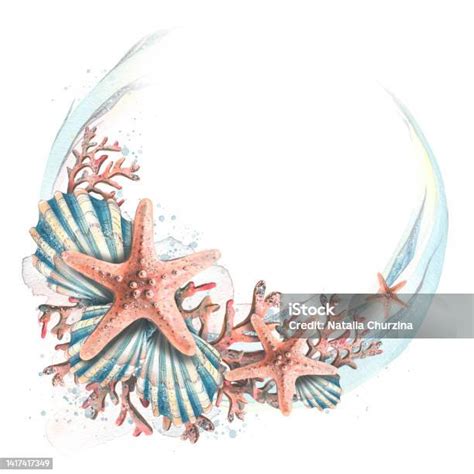 바다 산호 조개 불가사리 및 물의 파도가있는 반원형 프레임 수채화 그림 인증서 포스터 엽서 광고 로고 해변 액세서리의 등록 및