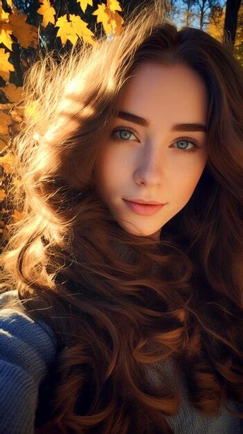 Premium Photo Autumn Park Selfie Young Woman With Blue Eyes