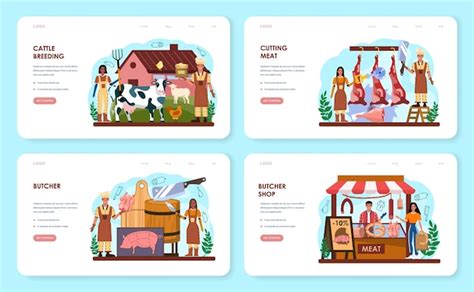 정육점 또는 미트맨 웹 배너 또는 방문 페이지 세트 신선한 고기와 햄과 소시지를 사용한 반제품 쇠고기 및 돼지고기 생산 육류 시장 노동자 격리 된 벡터 일러스트 레이