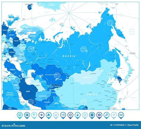 Карта Евразии политическая в тенях указателей сини и карты Иллюстрация