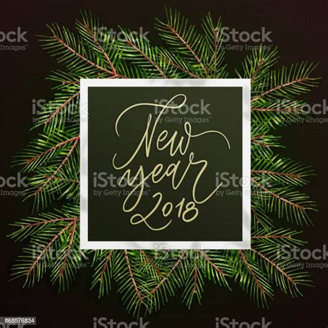 행복 한 새 해 2018구입니다 크리스마스 파인 트리 가지 배경에 텍스트입니다 새 해가 게 홍보 현수막 서 예 문자 텍스트입니다