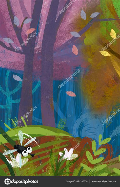 Funny Cartoon Scene Frog Funny Bugs Insects Flying Illustration