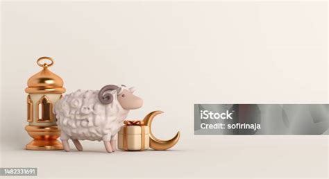 염소 양 아랍어 랜턴 초승달 선물 상자 라마단 카림 마울리드 이프타르 이드 알 피트르 무하람 복사 공간 텍스트 영역 3d 그림이 있는 이드 알 아다 이슬람 장식 배경 3차원