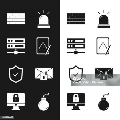 느낌표 데이터 웹 호스팅 방화벽 보안 벽 모션 센서 쉴드 체크 메일 메시지 잠금 암호 폭발 할 준비가 된 폭탄 및 잠금 컴퓨터 모니터 아이콘을 가진 태블릿을 설정합니다 벡터