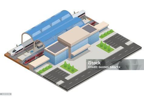 벡터 아이소메트릭 Infographic 요소 철도 역 건물 터미널입니다 도시 열차입니다 건물 외관 기차 역 공공 기차 역 여객