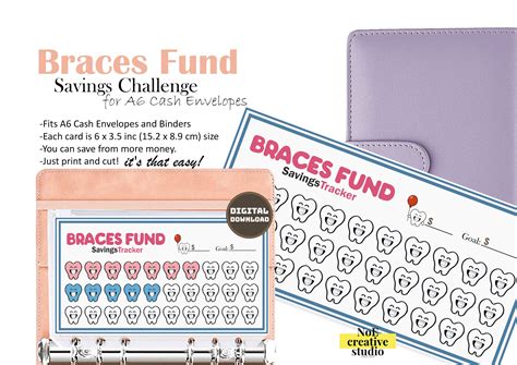Braces Savings Challenge Printable Budget Binder Insert Fits A6 Cash Envelopes Mini Savings