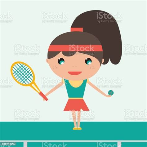 Sportswoman 젊은 테니스 선수 라켓과 공을 들고 웃 고 쾌활 한 여자 테니스입니다 벡터 평면 디자인 일러스트입니다 가로