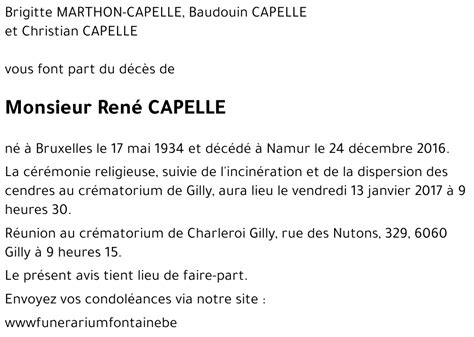 Avis De Décès De René Capelle Décédé Le 24 12 2016 à Namur Annonce Condoléances Fleurs Etc