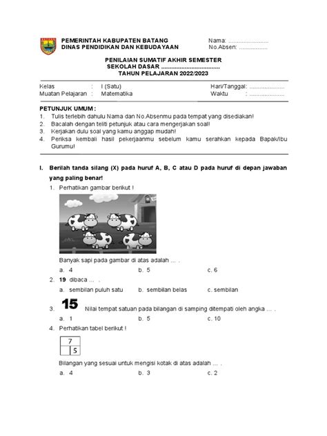 Soal Sas Kelas 1 Matematika Pdf