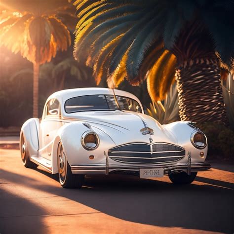 Premium Photo A White Car Is Parked In Front Of Palm Trees On The Road