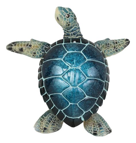 Nautical Marine Blue Shell Sea Turtle Decorative Resin Statue In Gloss