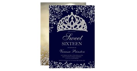 Silver Glitter Navy Photo Crown Tiara Sweet 16 Invitation