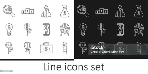 세트 라인 등대 대상 시작 프로젝트 개념 달러 공장 달러가 있는 전구 돋보기 및 분석 모바일 및 비즈니스 연단 아이콘 벡터 가방에 대한 스톡 벡터 아트 및 기타 이미지
