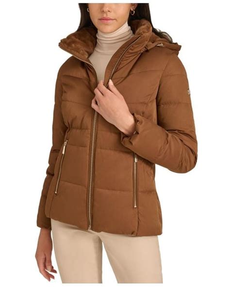 Calvin Klein Faux Fur Lined Hooded Puffer Coat In Brown Lyst