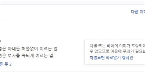 어학사전에 마누라 외다리 검색하면네이버 차별·비하 주의 표
