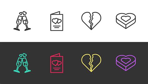 샴페인 잔 발렌타인 데이 전단지 깨진 마음 또는 이혼 및 사탕 모양의 상자를 흑백으로 설정합니다 벡터 검은색에 대한 스톡 벡터 아트 및 기타 이미지 Istock